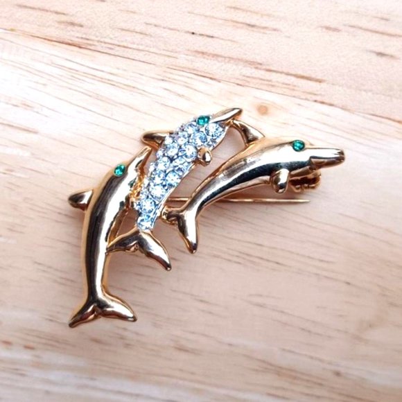 Jewelry | Vintage Dolphins Brooch Pin Rhinestones Gold Tone Green Eyes ...